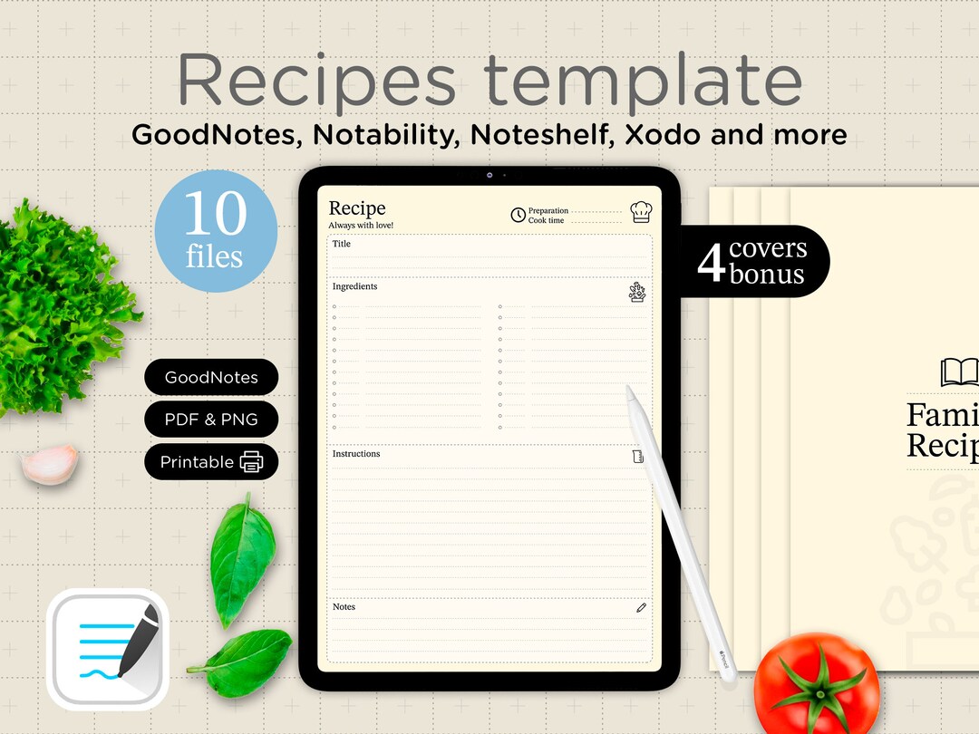 Recipe Template / Goodnotes, Notability, Noteshelf, Xodo, Printable ...