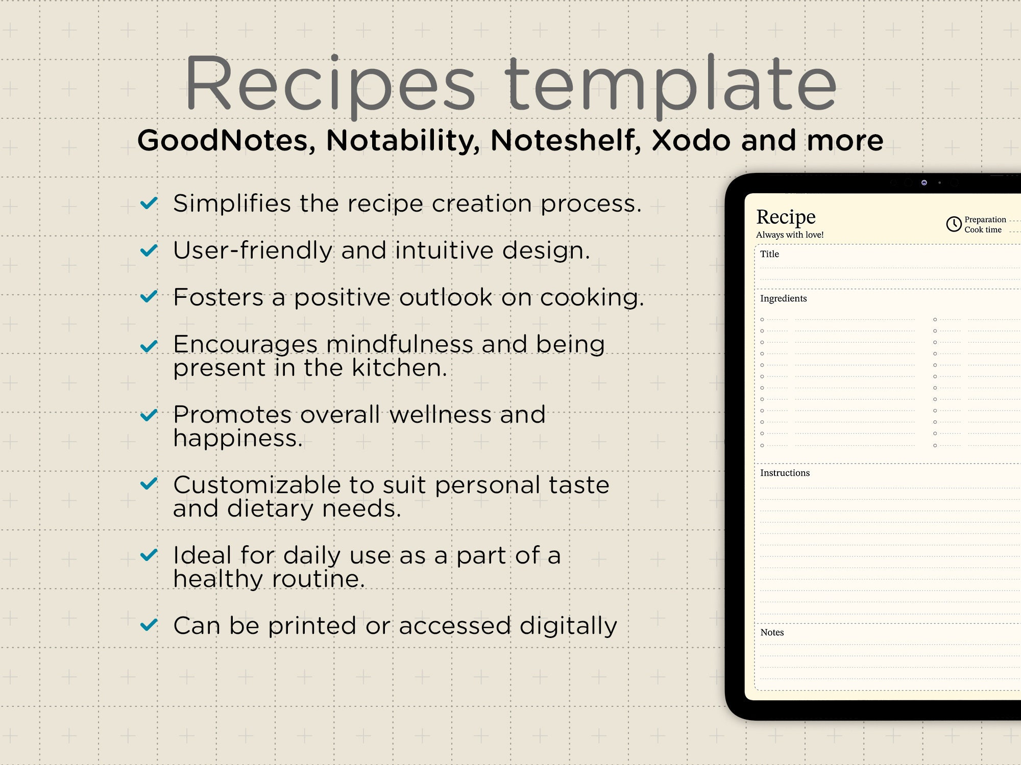 Recipe Template / Goodnotes, Notability, Noteshelf, Xodo, Printable ...
