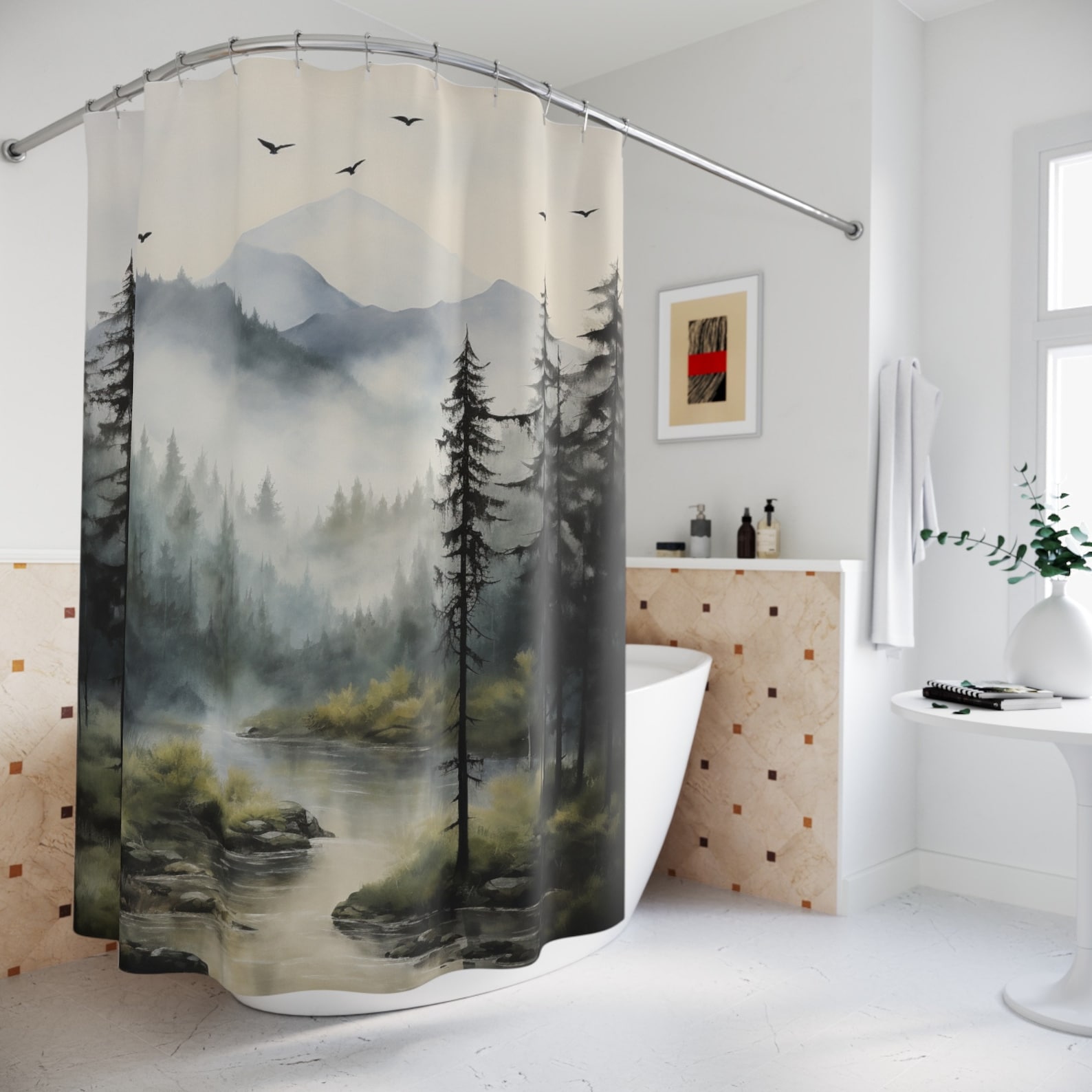 Foggy Mountain Shower Curtain With Misty Forest in Serene Woodland Bath ...
