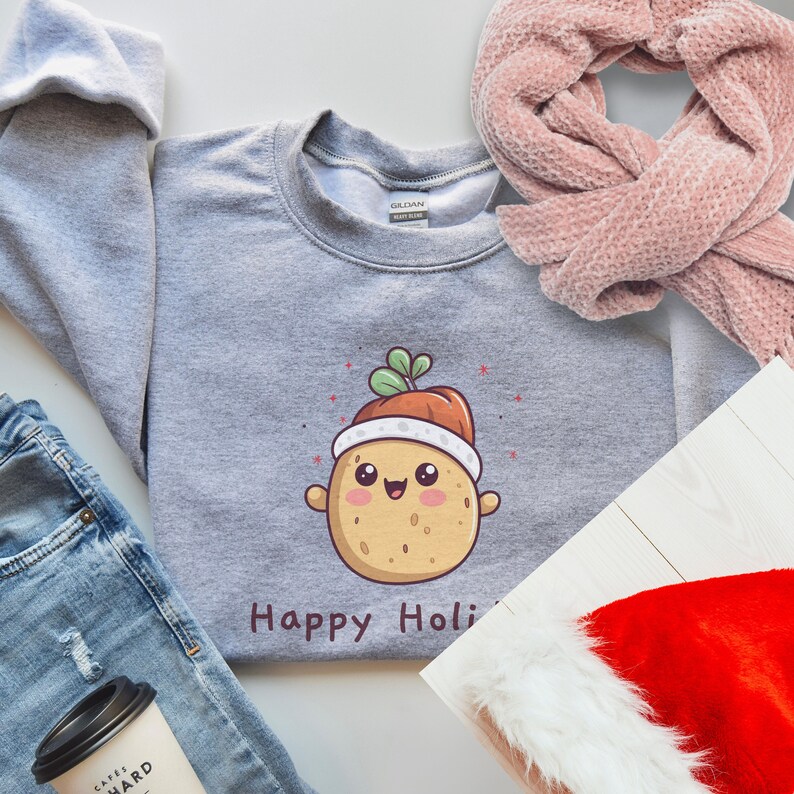 Happy Holidays Potato Sweatshirt, Features a Cute Spud in Santa Hat ...