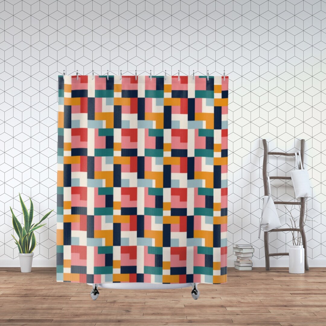 Geometric Colorblock Shower Curtain, Colorful Blocks Bath Curtain ...