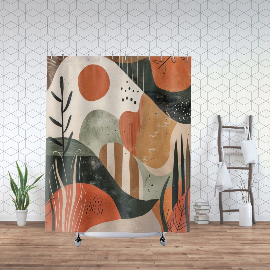 Mid-century Boho Terracotta Shower Curtain With Abstract Organic Shapes ...