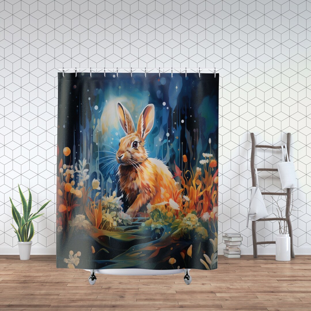 Moonlit Rabbit Shower Curtain, Features a Bunny Amidst Nature With ...