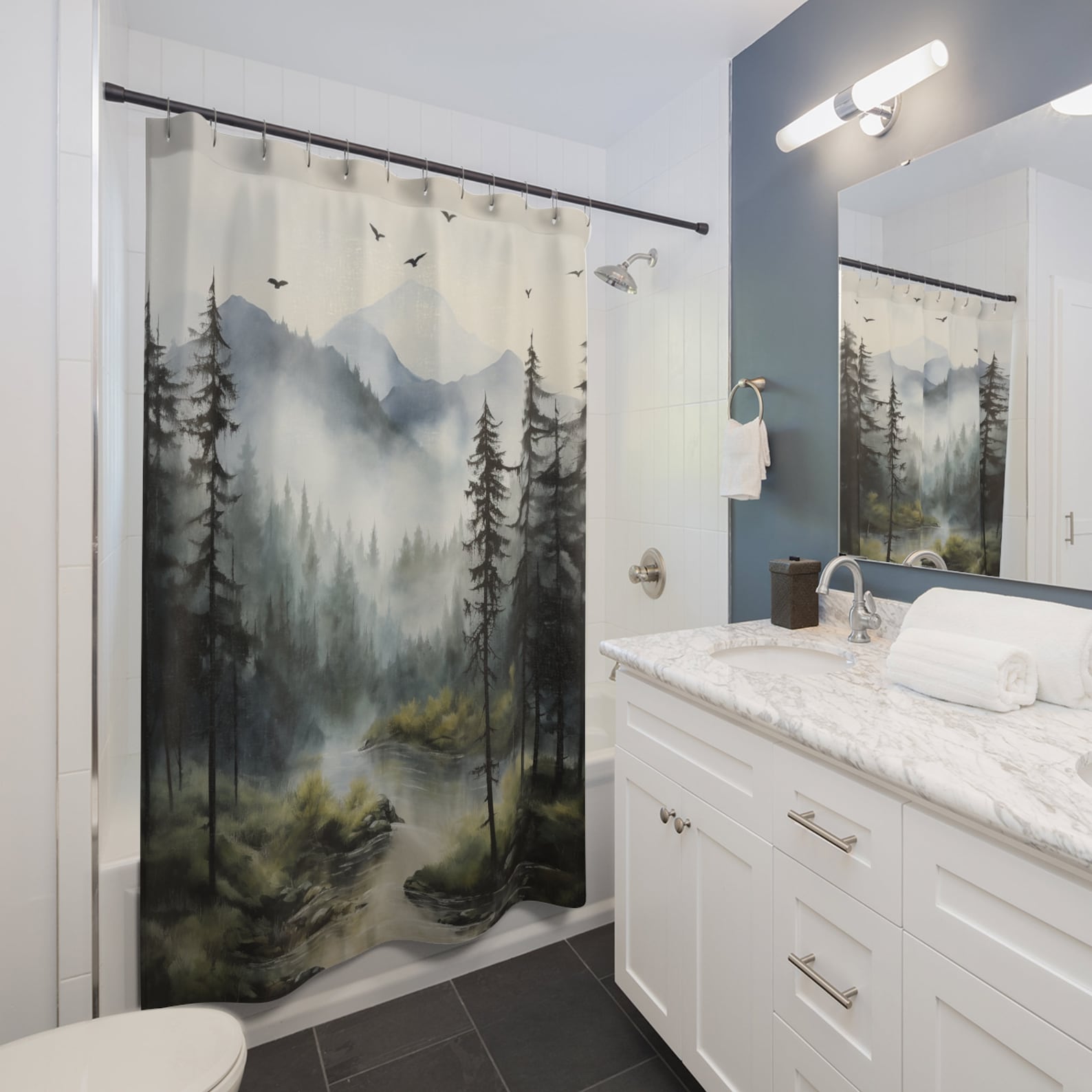 Foggy Mountain Shower Curtain With Misty Forest in Serene Woodland Bath ...