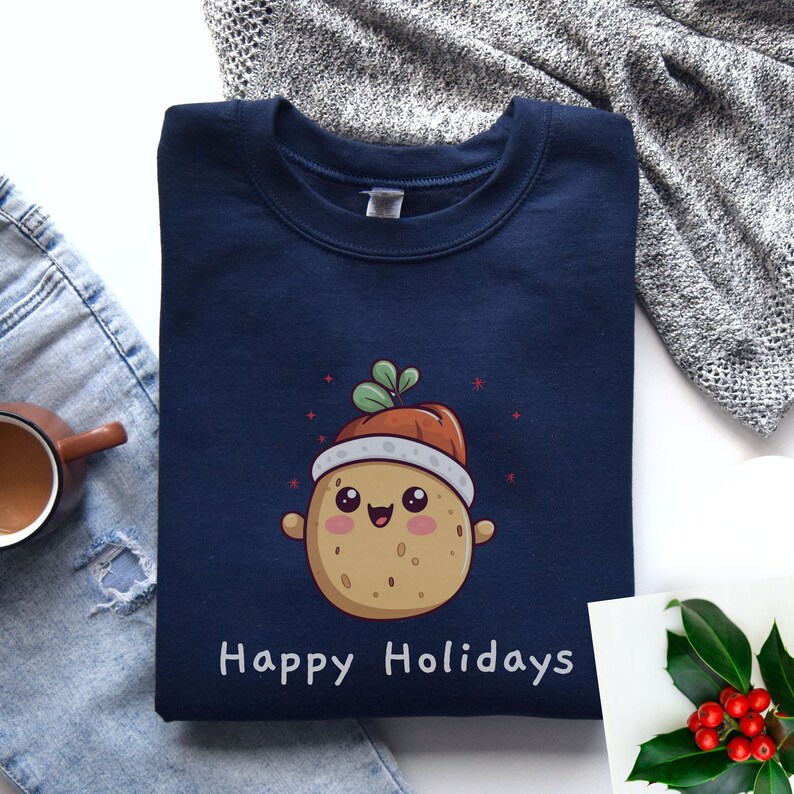 Happy Holidays Potato Sweatshirt, Features a Cute Spud in Santa Hat ...