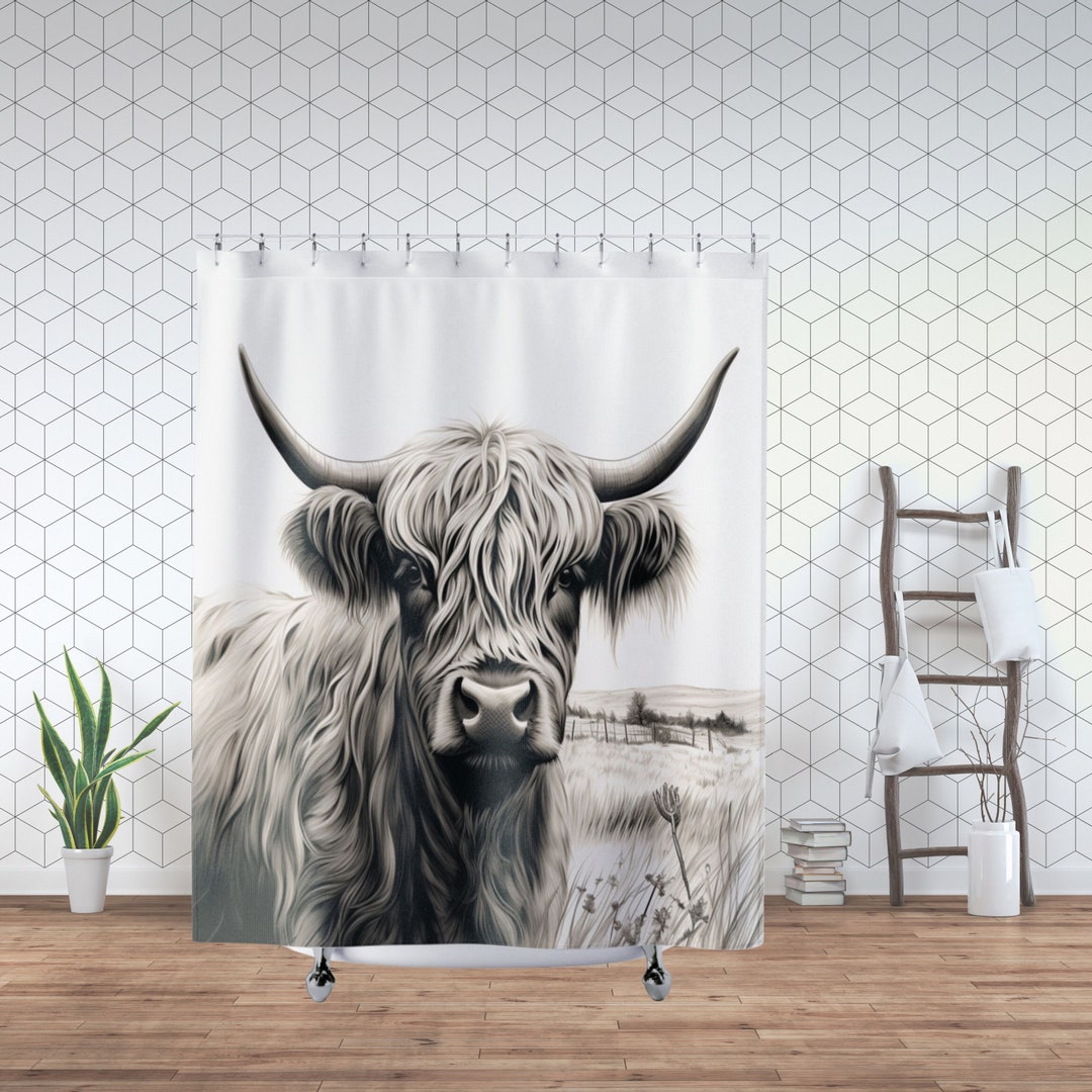 Highland Cow Shower Curtain Monochromatic Farmhouse Decor for Bathroom ...