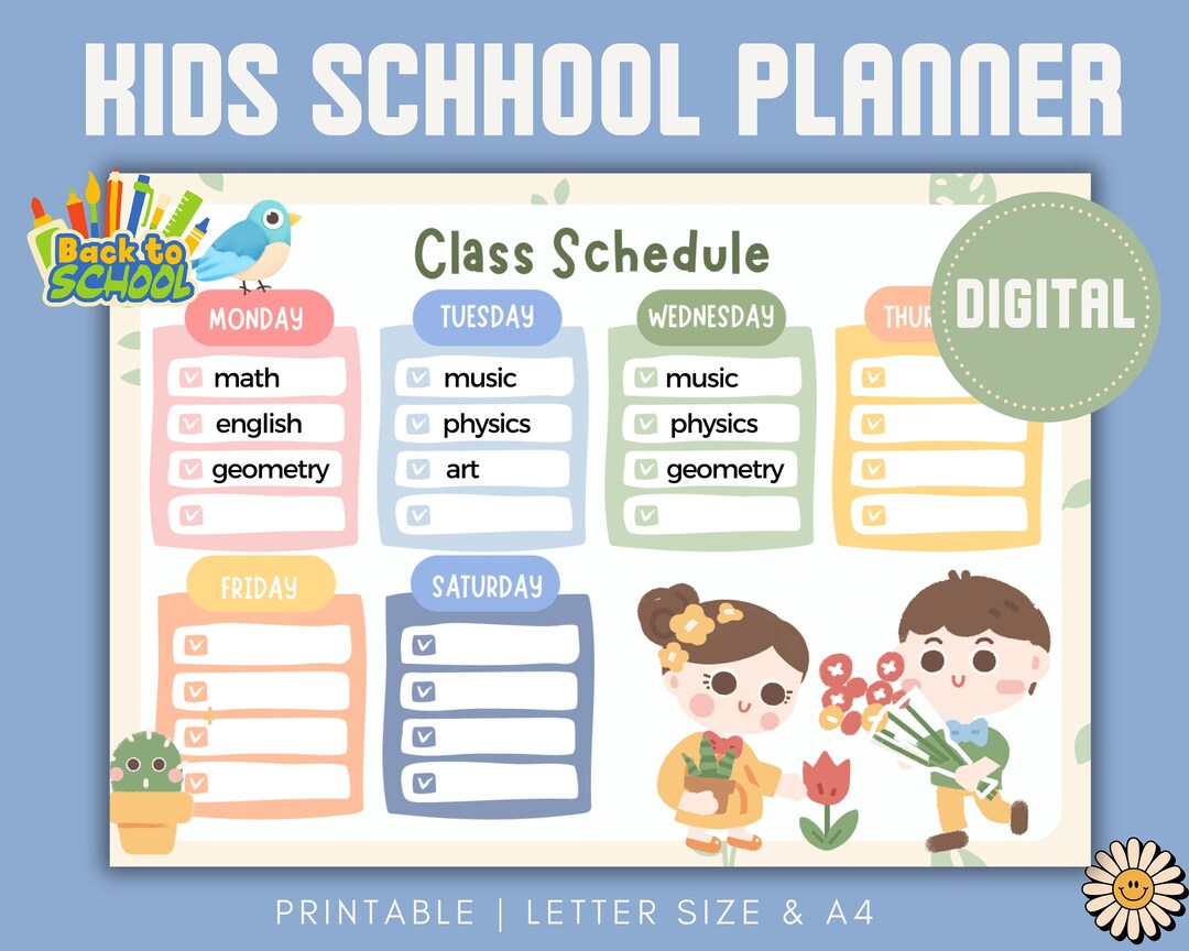 Colourful School Week Planner for Kids, Kids Class Schedule, Kids ...