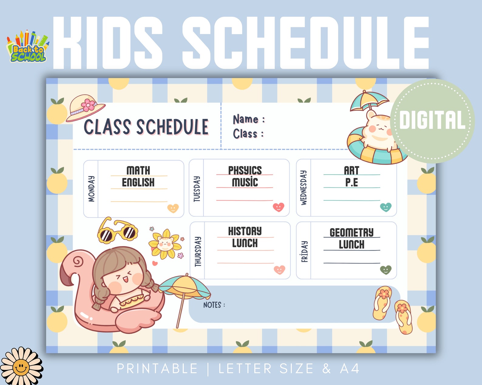 Cute Class Schedule for Kids, Kids School Schedule, Girl Weekly Planner ...