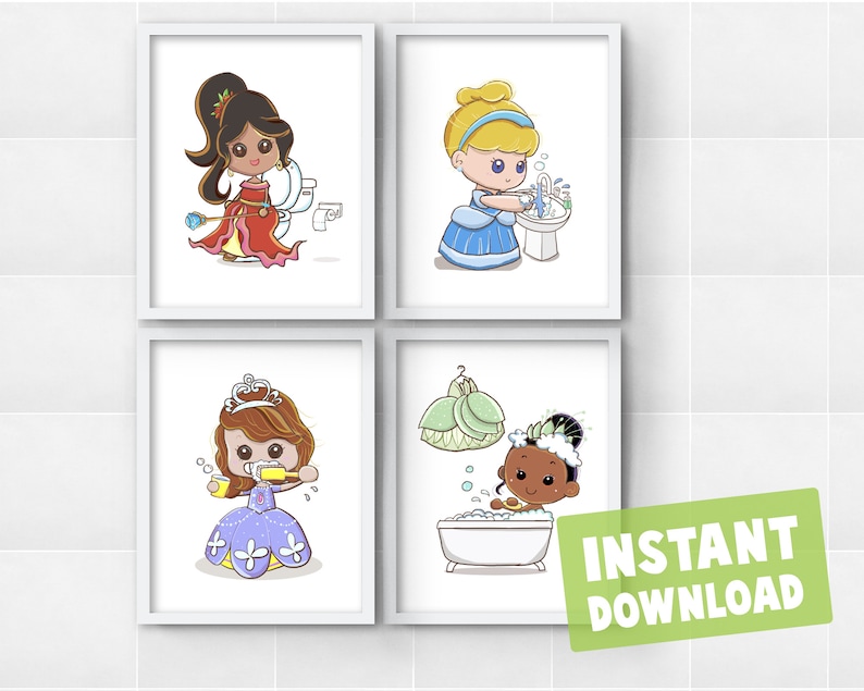Set of 4 Princess Kids Bathroom Bedtime Daily Chores Routine Instant ...