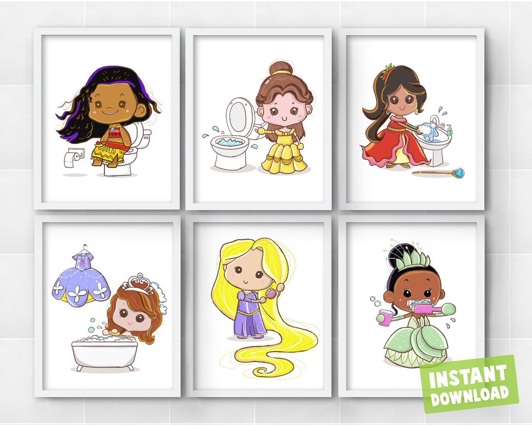 Set of 6 Princess Kids Bathroom Bedtime Prints Instant Download Wall ...