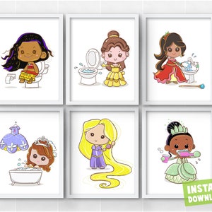 Set of 6 Princess Kids Bathroom Bedtime Prints Instant Download Wall ...