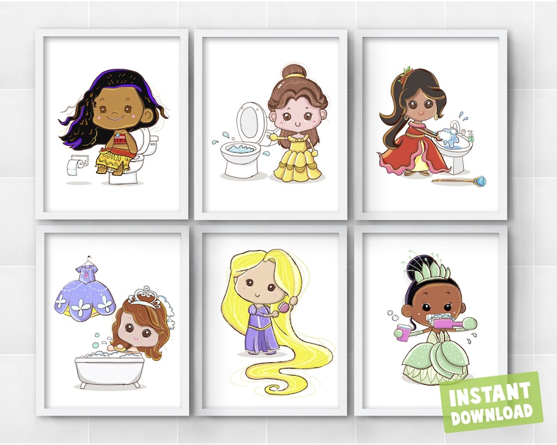 Set of 6 Princess Kids Bathroom Bedtime Prints Instant Download Wall ...
