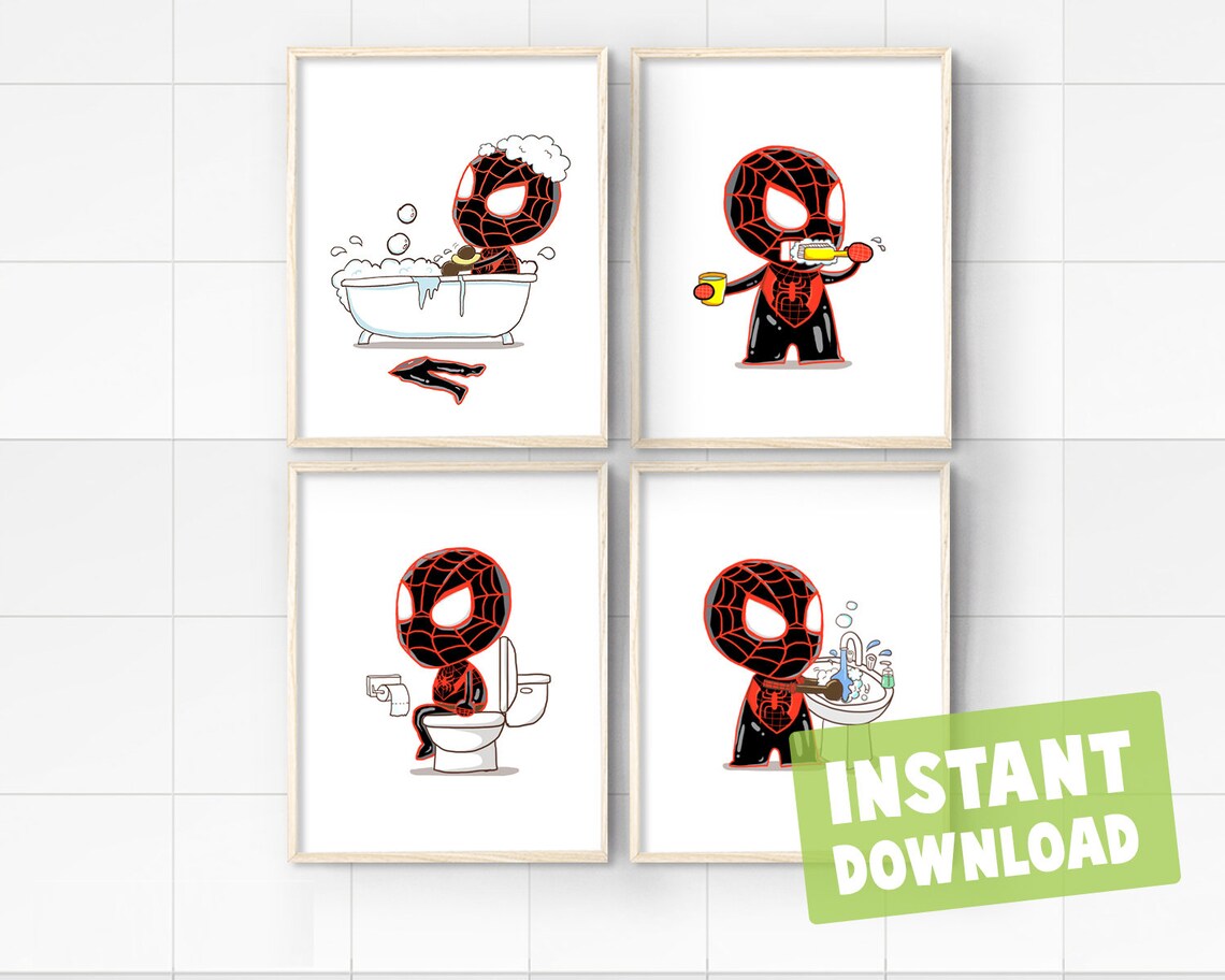 Set 4 Black Superhero Kids Bathroom Wall Art Decor Instant Digital ...
