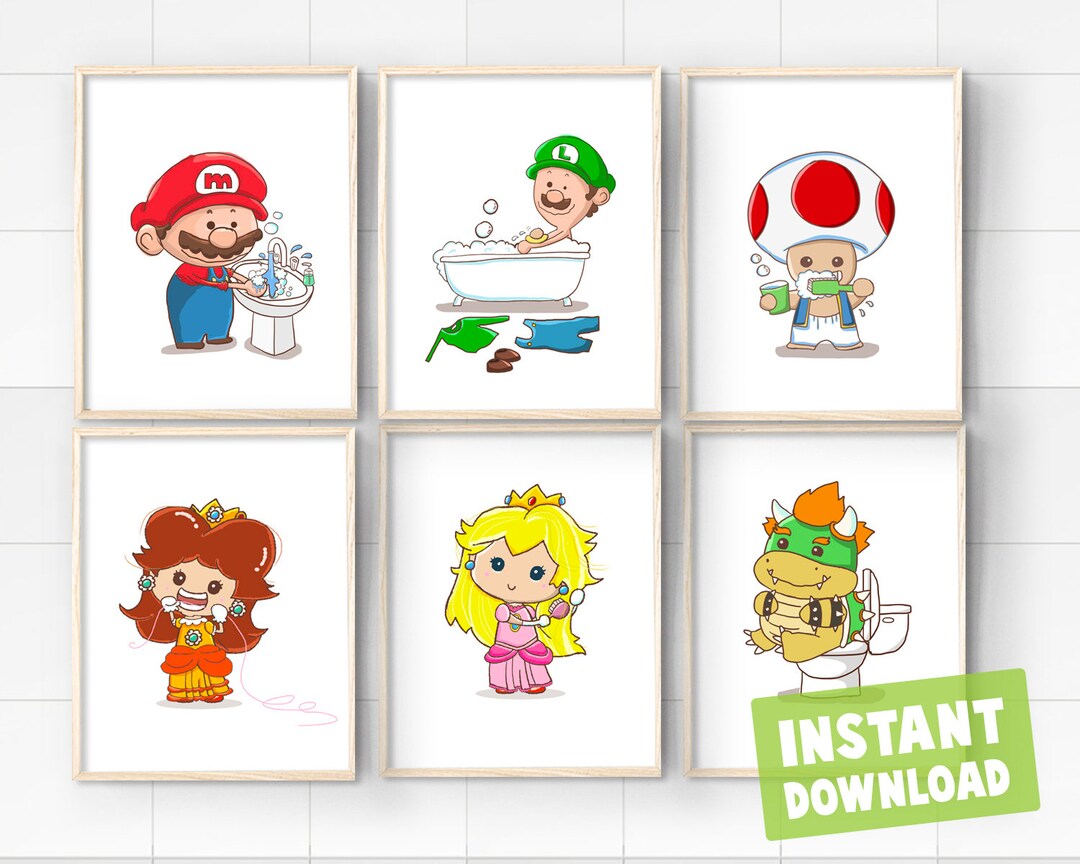 Set of 6 Video Game Brothers Characters Kids Bathroom Instant Digital ...