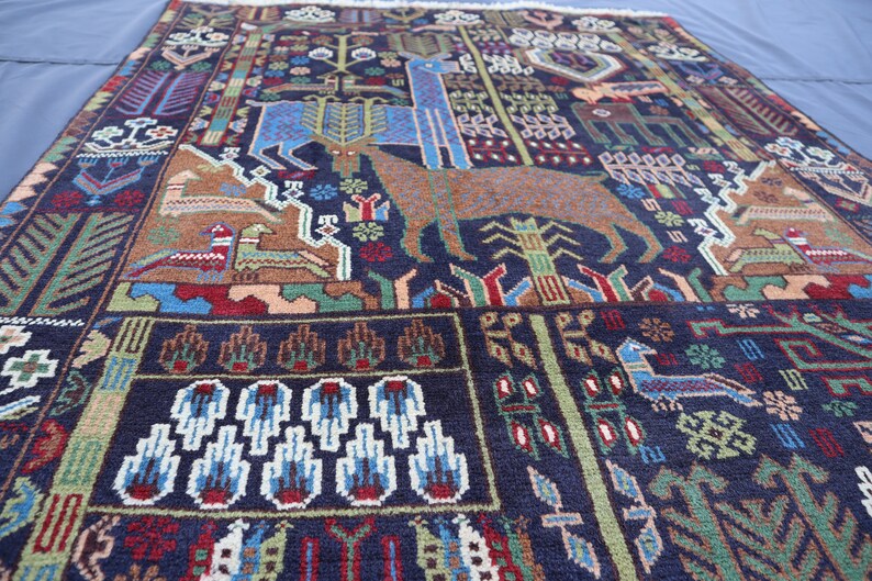 3.8x6.8 Ft Pictorial Rug/ Handmade Hand Knotted Afghan Antique Baloch ...