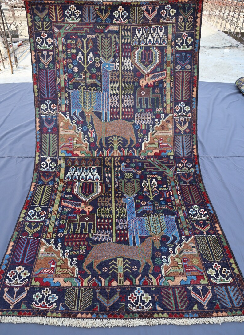 3.8x6.8 Ft Pictorial Rug/ Handmade Hand Knotted Afghan Antique Baloch ...