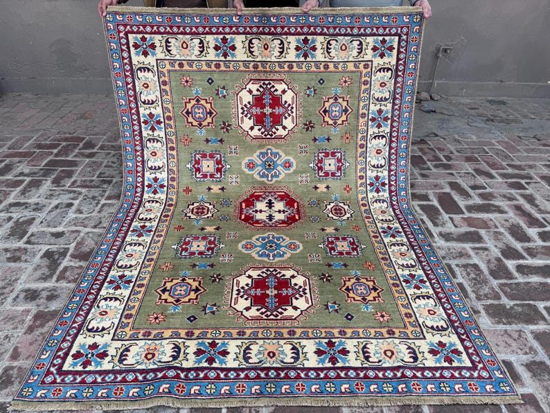 5'8x7'7 Ft Brand New Green Rug, Afghan Hand Knotted Tribal Modern Wool ...