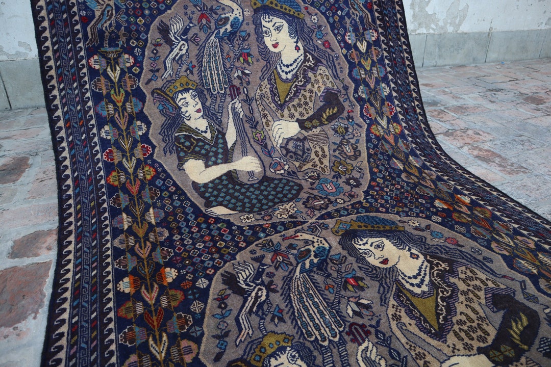 4x7 Ft Gorgeous Pictorial Rug, Turkoman Hand Knotted Queen Pictorial ...