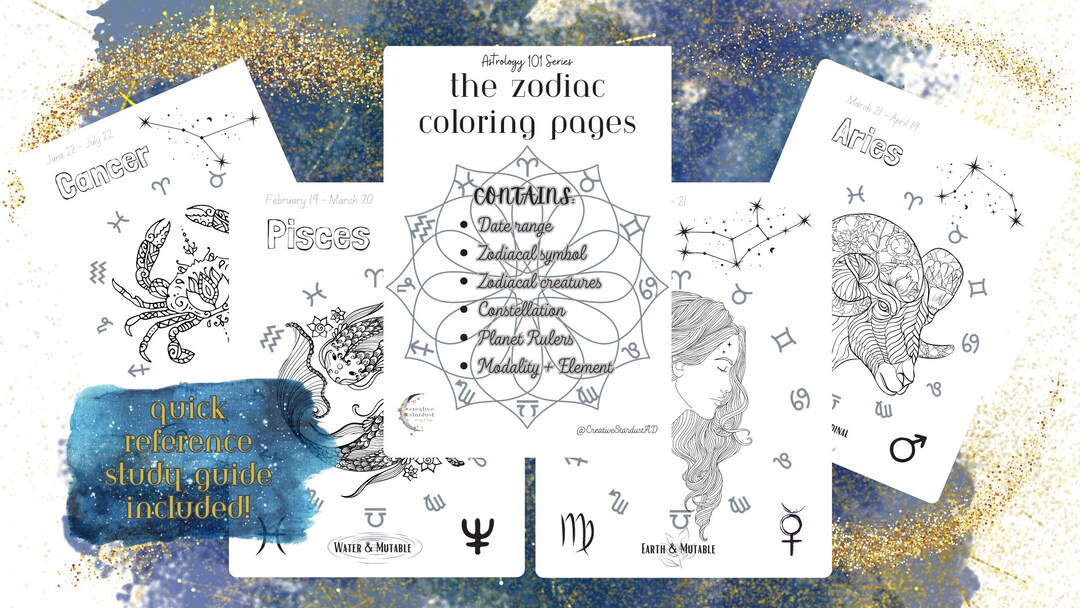 Zodiac Coloring Pages for Learning Astrology. Zodiac Signs Series. High ...