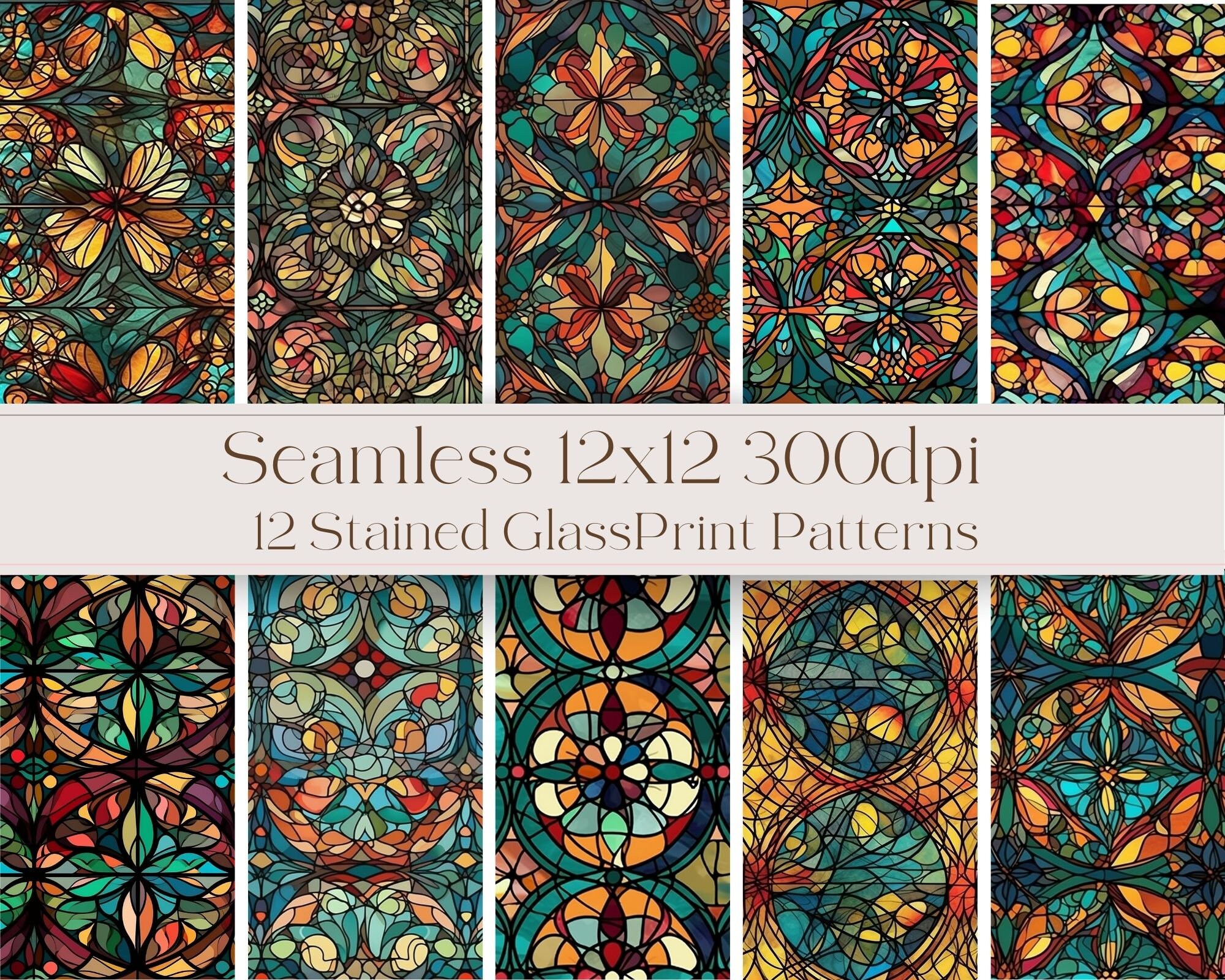 12 SEAMLESS Stained Glass Print Digital Paper 12x12 300dpi Instant ...