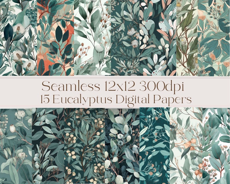 15 SEAMLESS Eucalyptus Print Digital Paper -12x12 300dpi- Instant ...