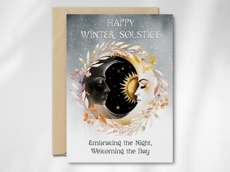 Winter Solstice Card, Printable Card, Watercolor Holiday Card, Moon and ...