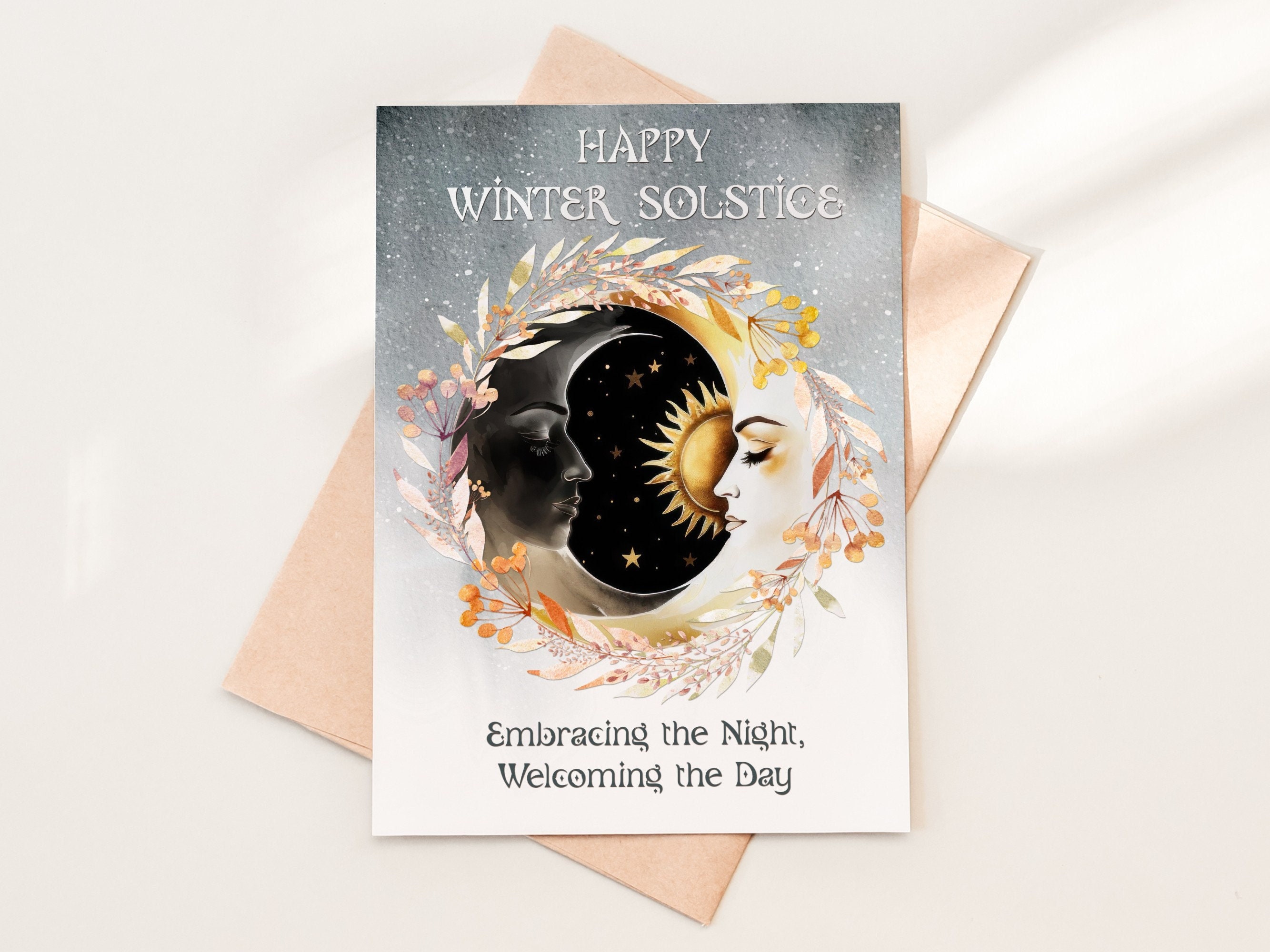 Winter Solstice Card, Printable Card, Watercolor Holiday Card, Moon and ...