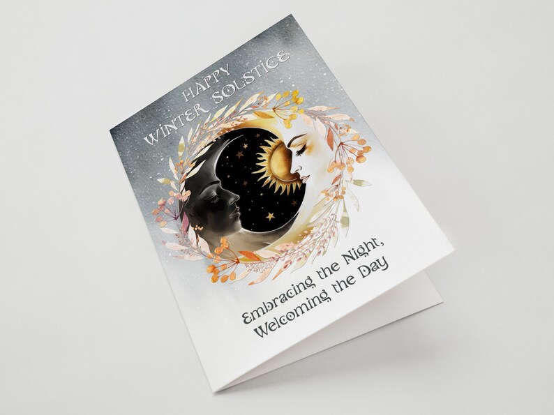 Winter Solstice Card, Printable Card, Watercolor Holiday Card, Moon and ...