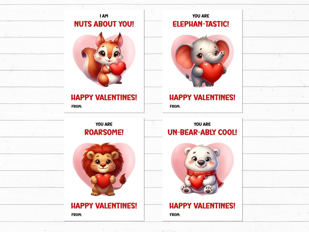 Printable Animal Valentine Cards for Kids Set of 24 Use for School ...