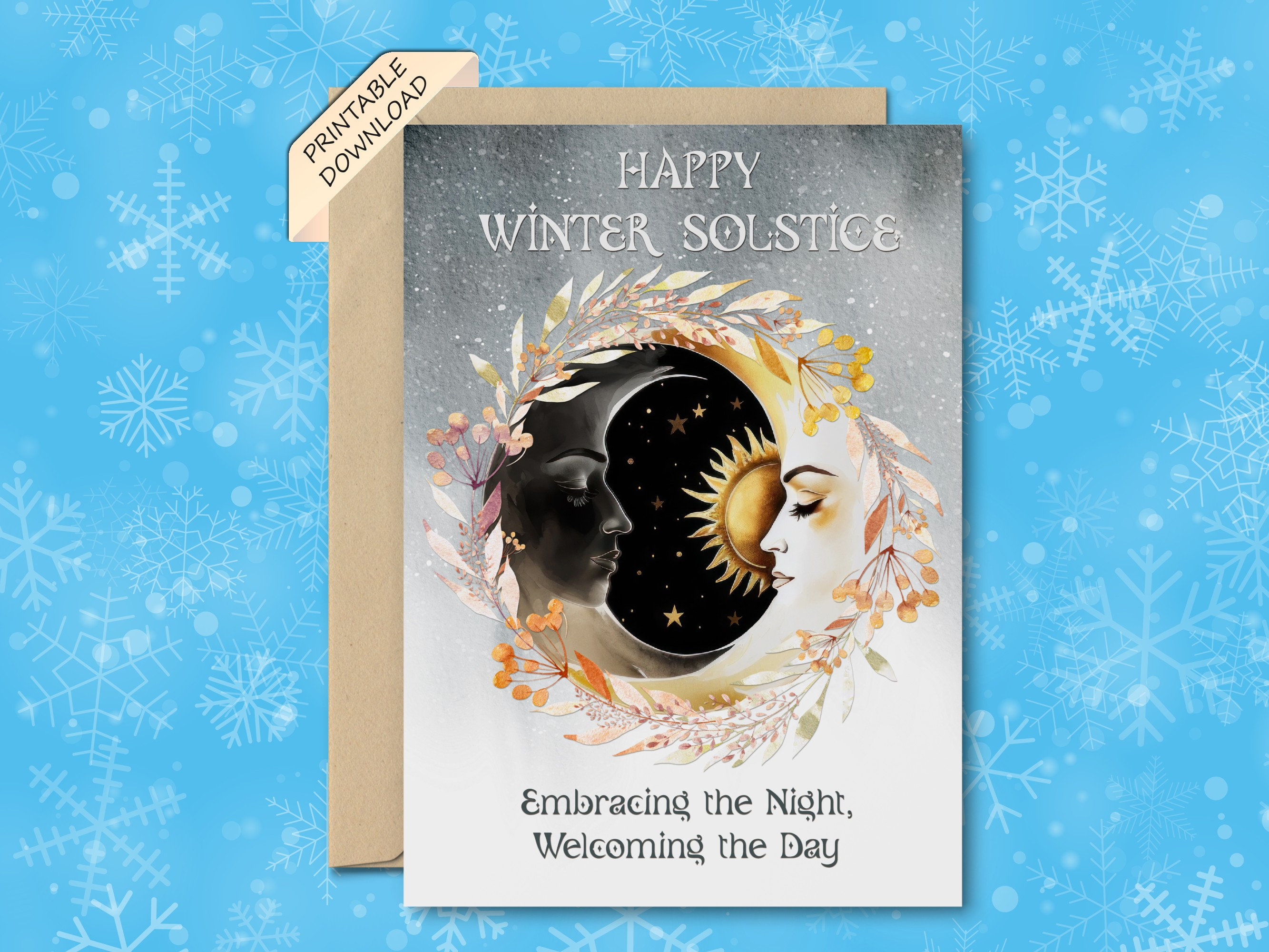 Winter Solstice Card, Printable Card, Watercolor Holiday Card, Moon and ...