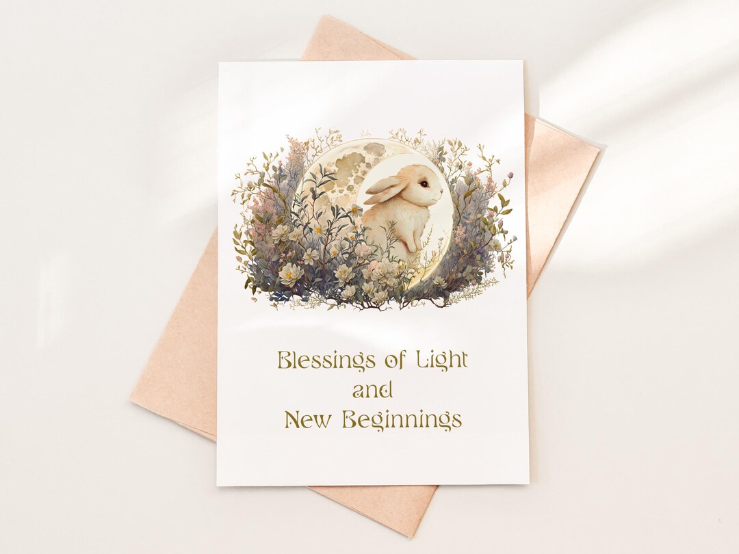 Spring Equinox Card – Rabbit in Moon Printable With Floral Design, New ...