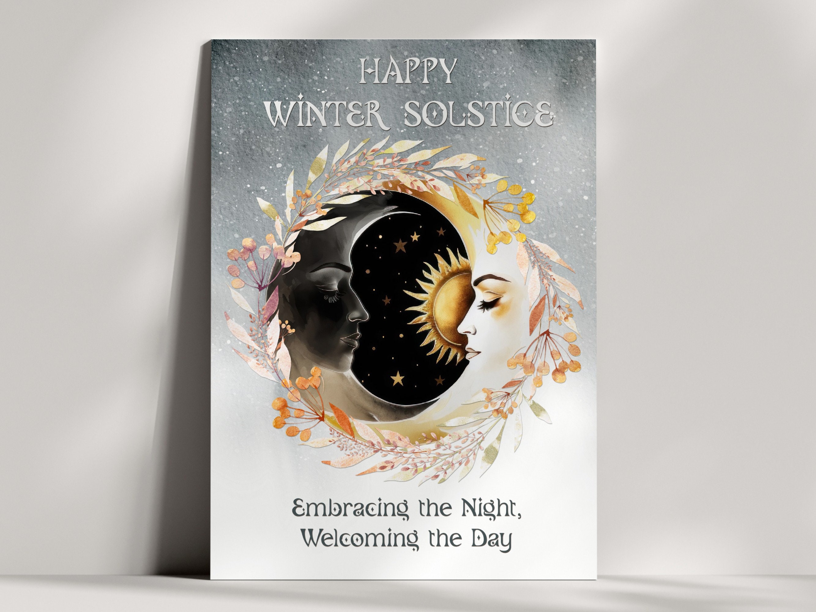 Winter Solstice Card, Printable Card, Watercolor Holiday Card, Moon and ...