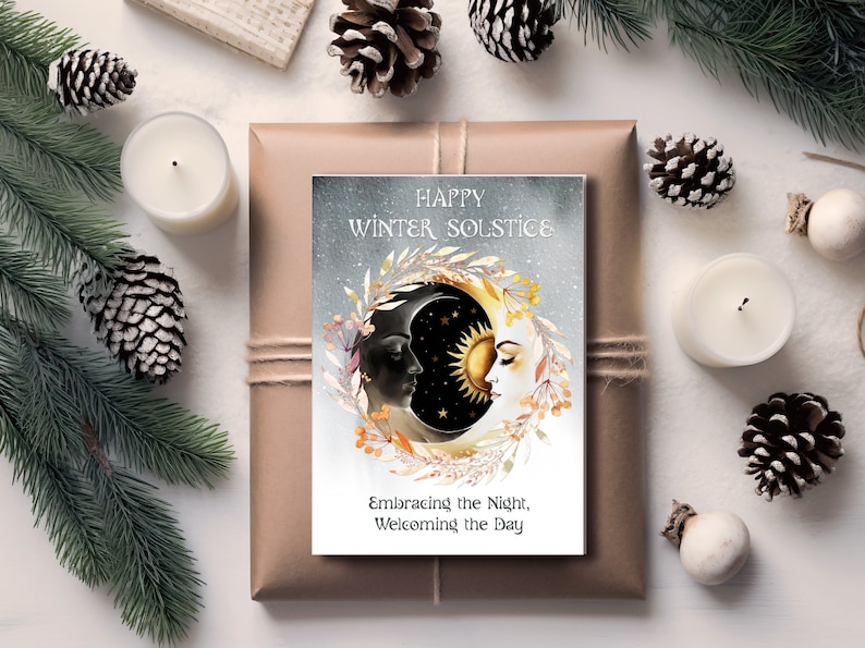 Winter Solstice Card, Printable Card, Watercolor Holiday Card, Moon and ...