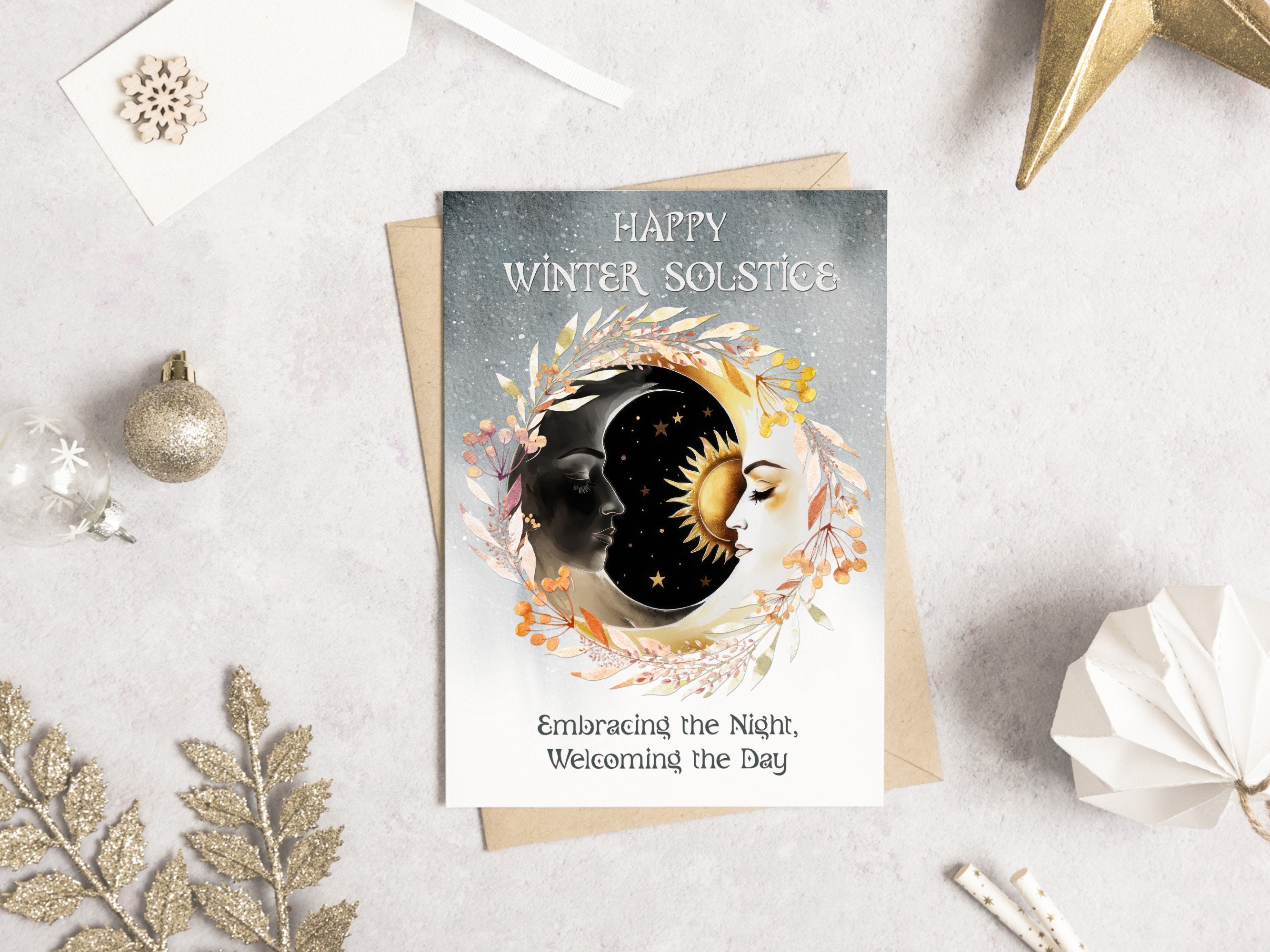 Winter Solstice Card, Printable Card, Watercolor Holiday Card, Moon and ...