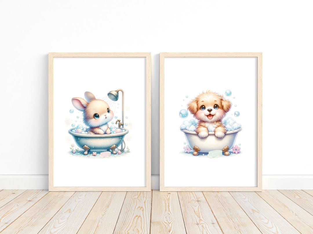 Bunny Rabbit and Puppy Bath Time Printable Digital Wall Art Set of 2 ...