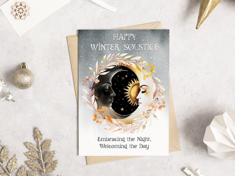 Winter Solstice Card, Printable Card, Watercolor Holiday Card, Moon and ...
