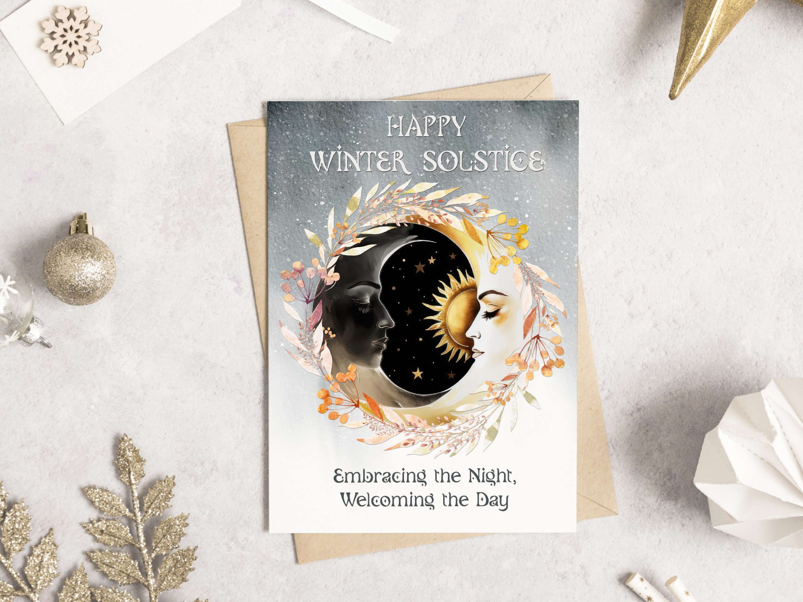 Winter Solstice Card, Printable Card, Watercolor Holiday Card, Moon and ...
