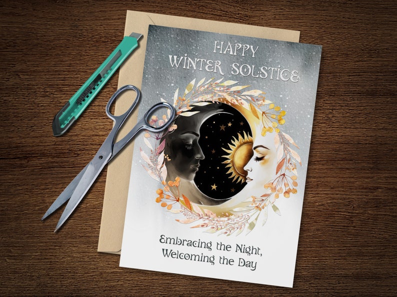 Winter Solstice Card, Printable Card, Watercolor Holiday Card, Moon and ...