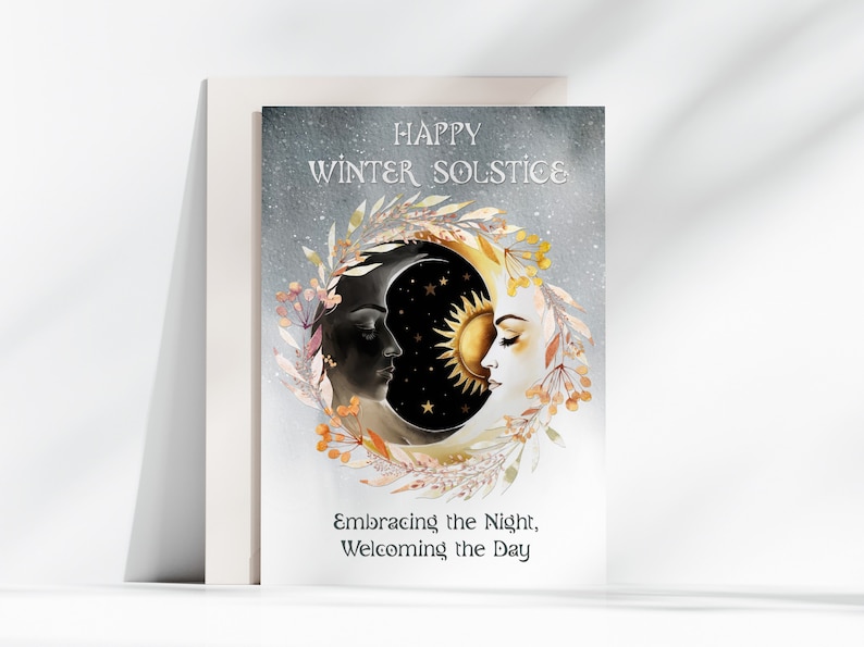 Winter Solstice Card, Printable Card, Watercolor Holiday Card, Moon and ...