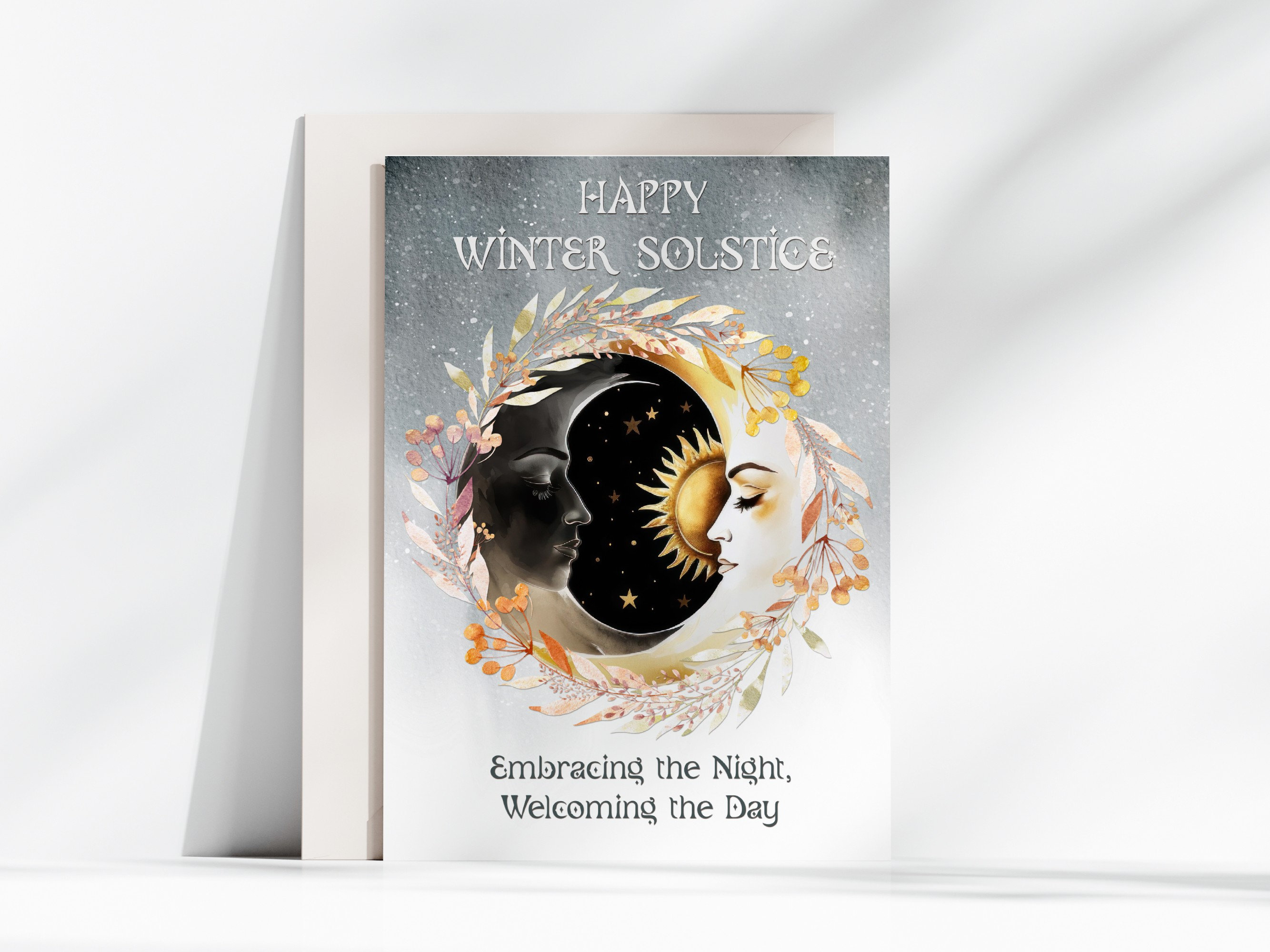 Winter Solstice Card, Printable Card, Watercolor Holiday Card, Moon and ...