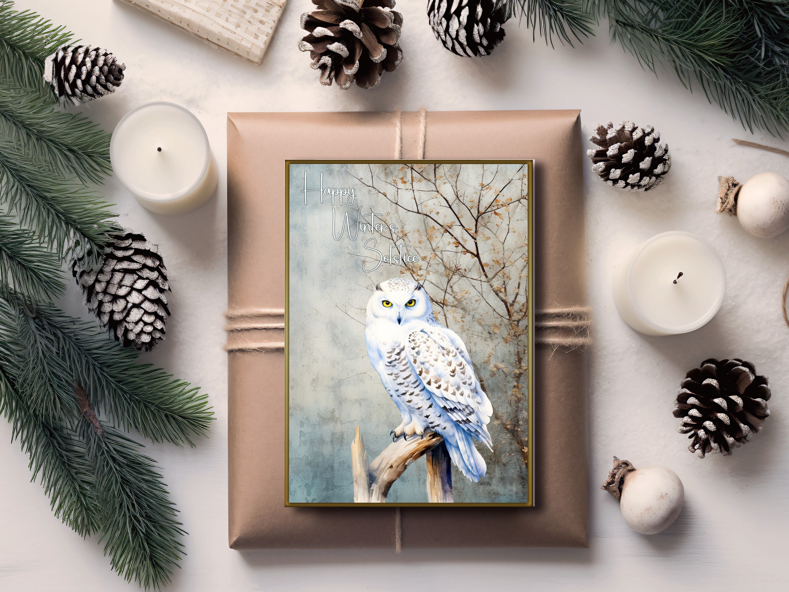 Winter Solstice Greetings - Printable Yuletide Card With a Snowy Owl in ...