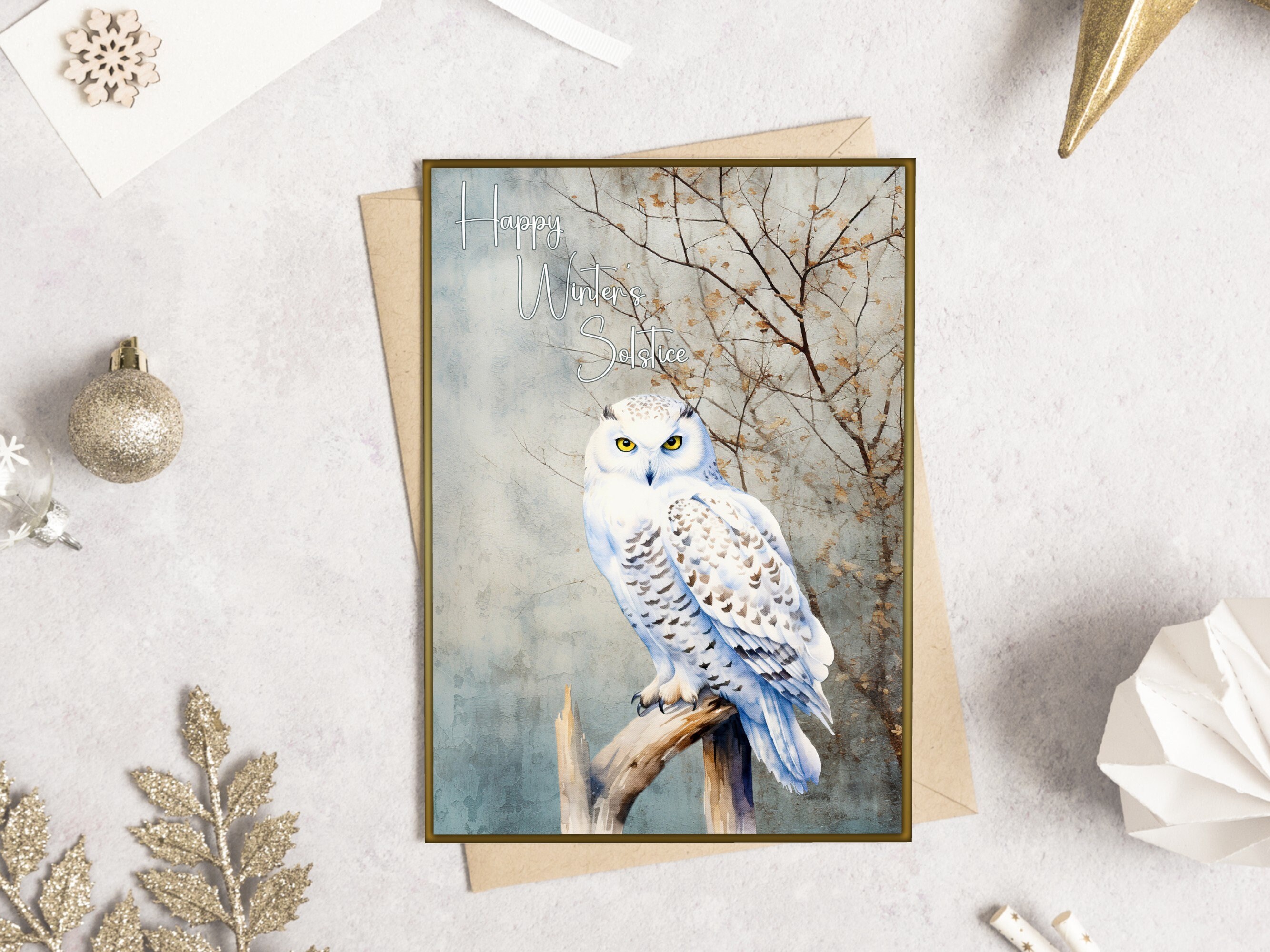 Winter Solstice Greetings - Printable Yuletide Card With a Snowy Owl in ...