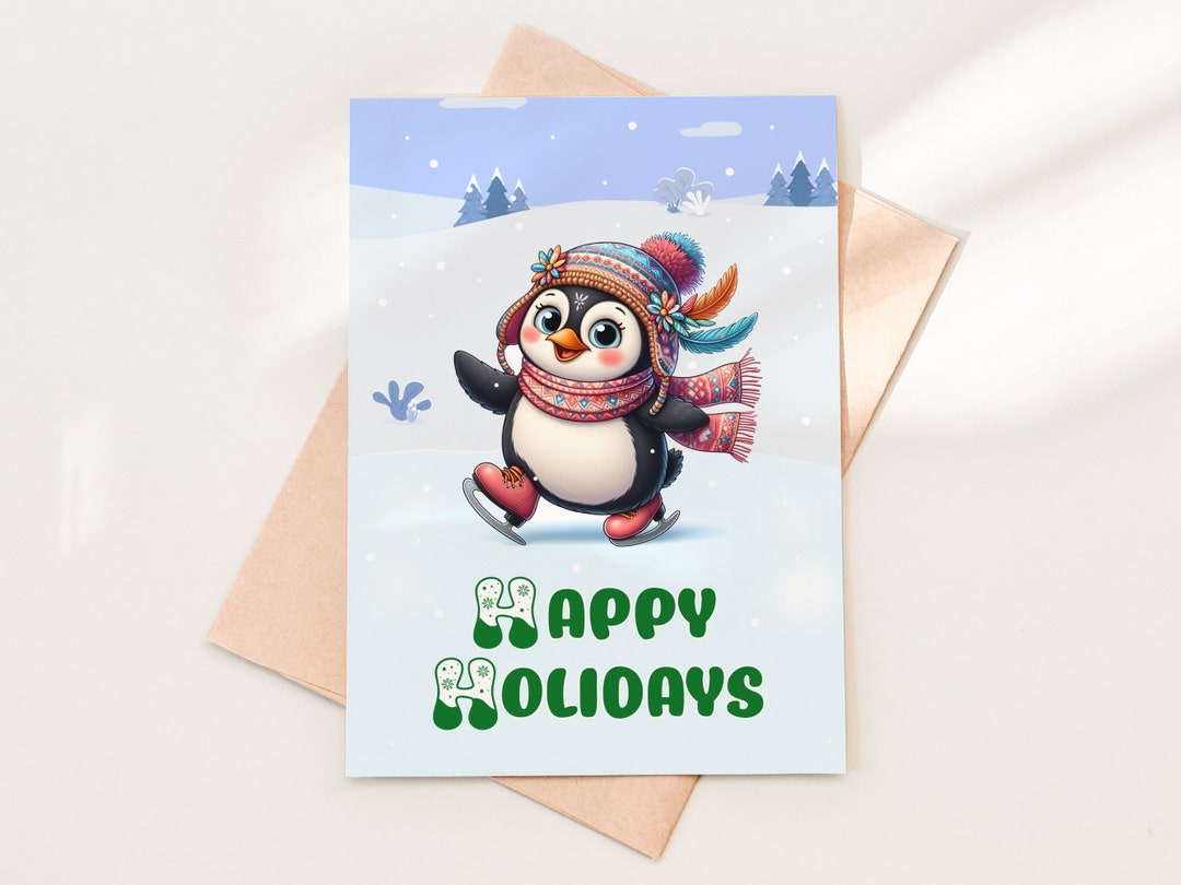 Christmas Penguin Card | Winter Holiday Greeting for Kids, Family and ...