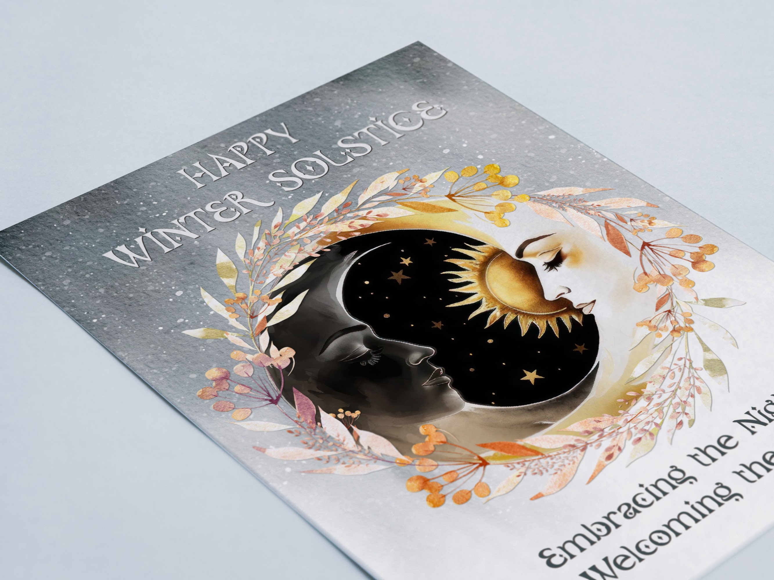 Winter Solstice Card, Printable Card, Watercolor Holiday Card, Moon and ...