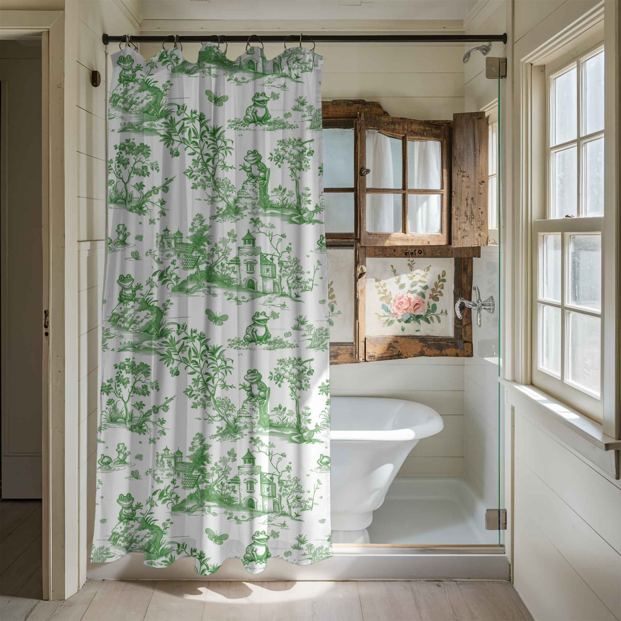 Green Frog Bath Decor French Toile Design Shower Curtain Housewarming ...
