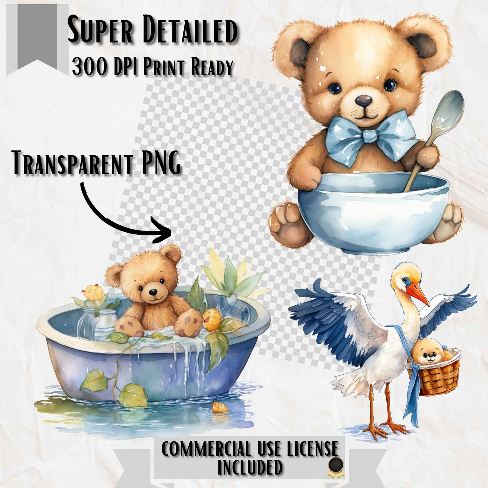 Watercolor Baby Shower Clipart Kit Vintage Teddy Bear Illustrations ...