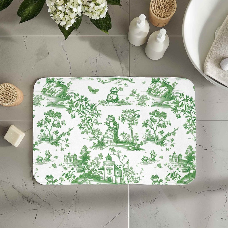 Green Frog Bath Decor French Toile Design Bath Mat Housewarming Gift ...