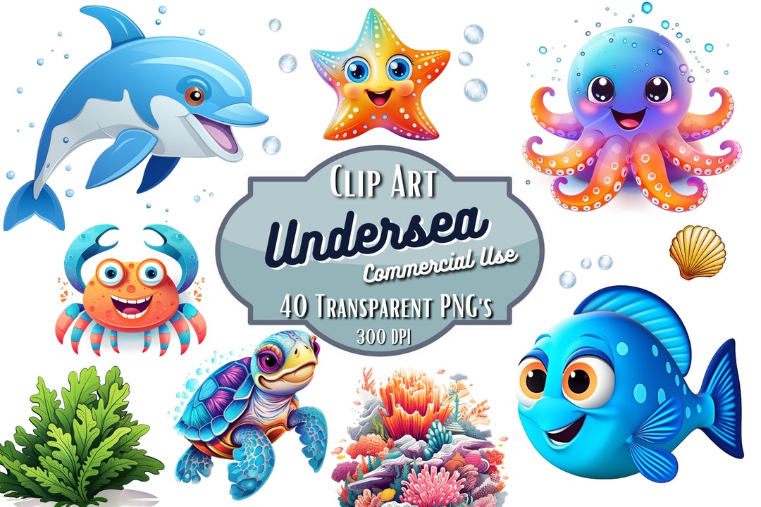 Watercolor Undersea Clipart Cute Fish Clip Art Whale Ocean - Etsy