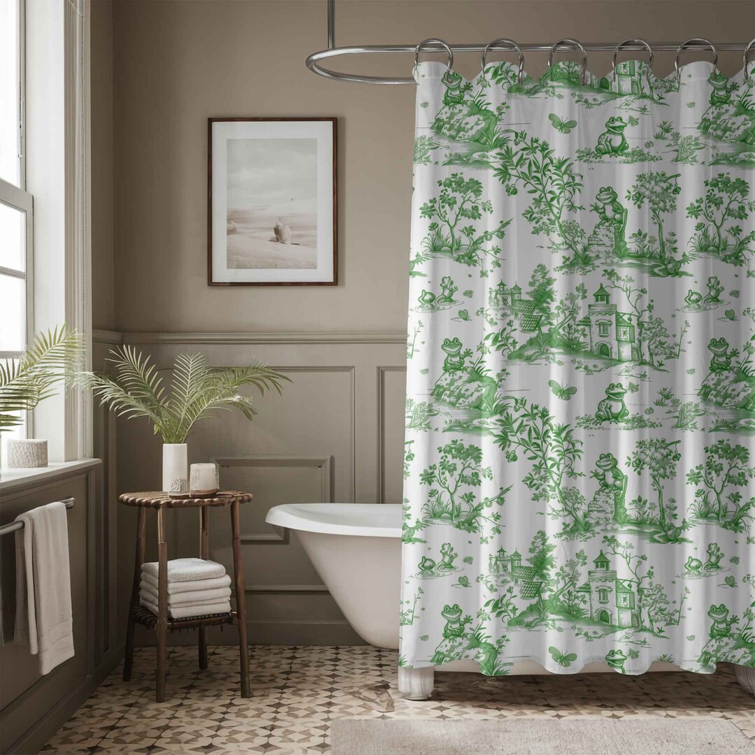 Green Frog Bath Decor French Toile Design Shower Curtain Housewarming ...