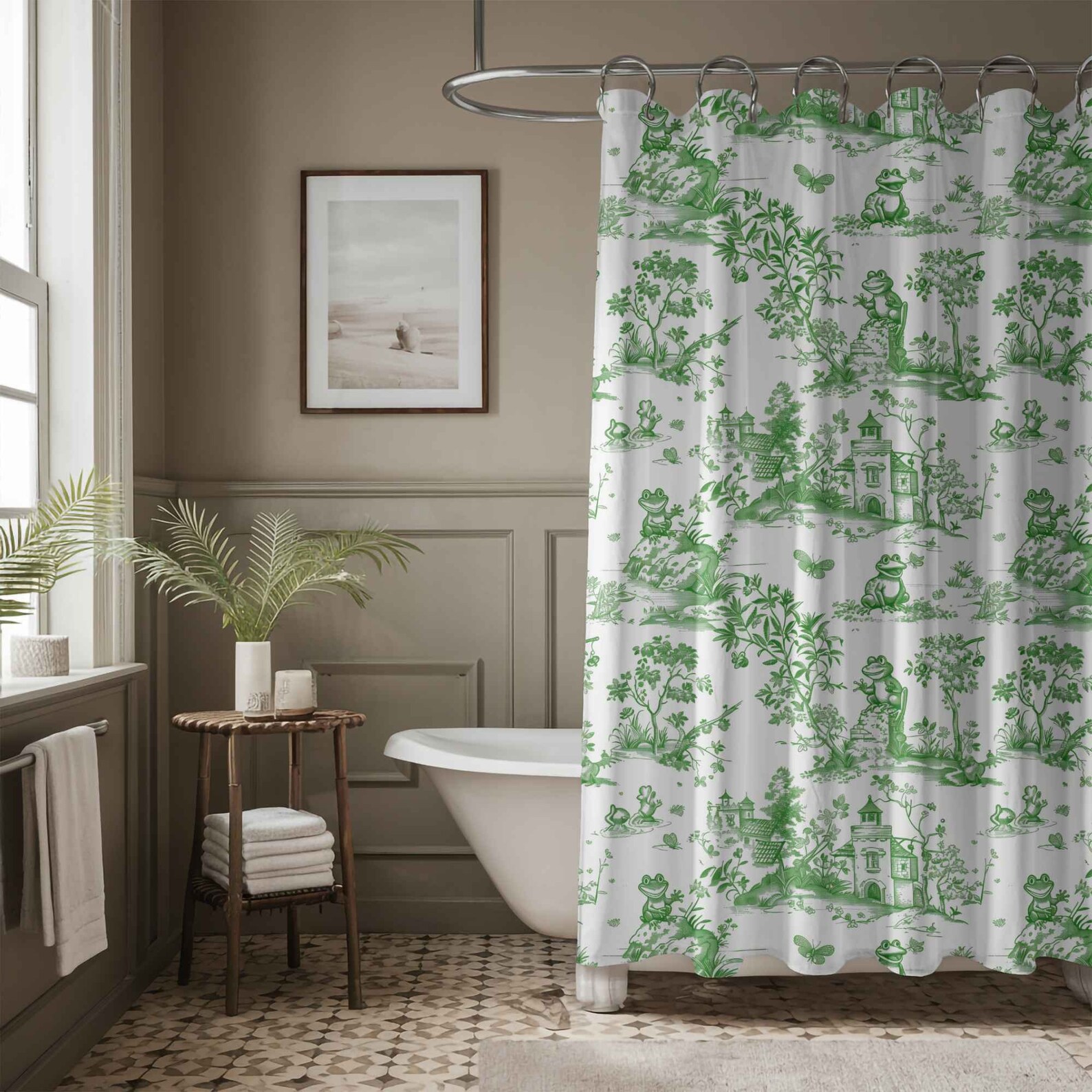 Green Frog Bath Decor French Toile Design Shower Curtain Housewarming ...
